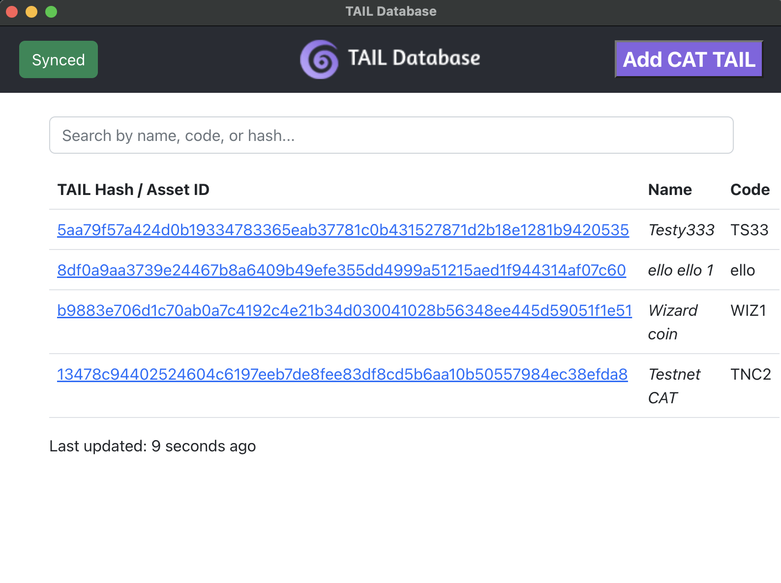 Tail Database Decentralized Asset Token Database